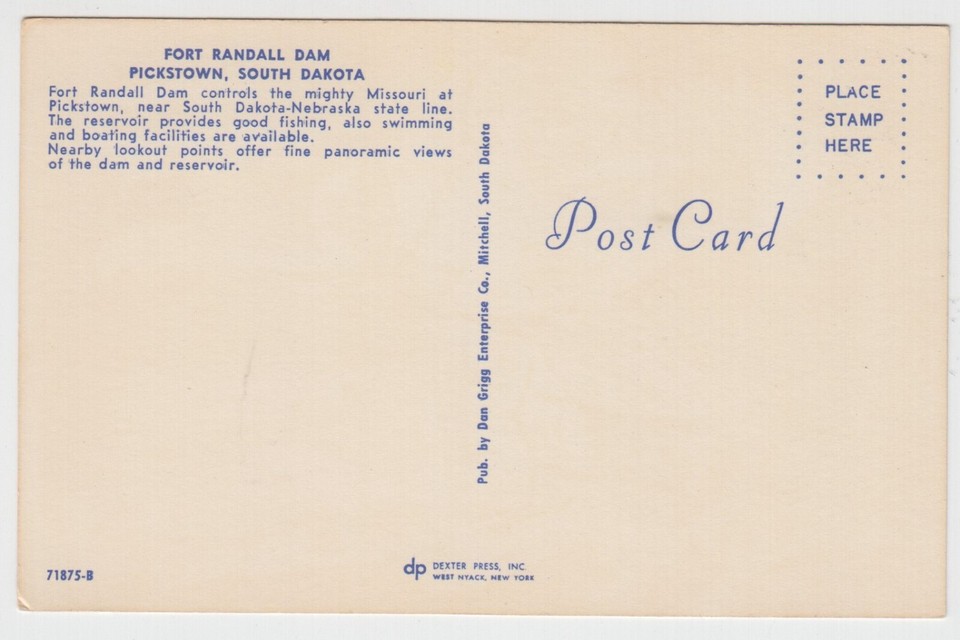 Postcard Fort Randall Dam South Dakota Missouri River Pickstown Aerial ...