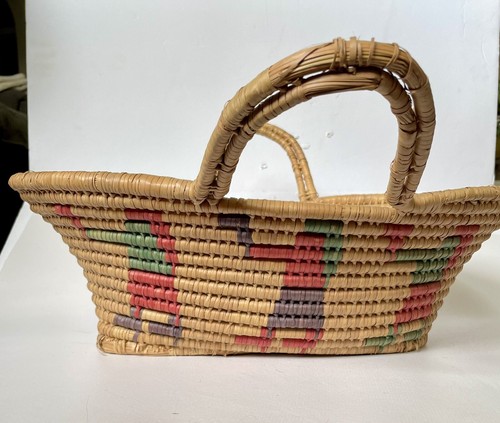 Vtg Hand Woven Pictorial Coil Handles Wicker Basket Southwestern ...
