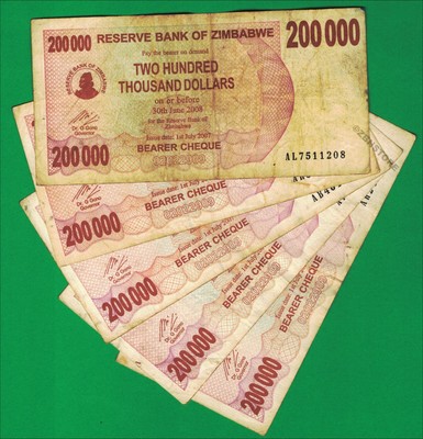 5 x 200,000 Zimbabwe Dollars Bearer Cheque 2008 EXPIRED CHEQUE CURRENCY ...
