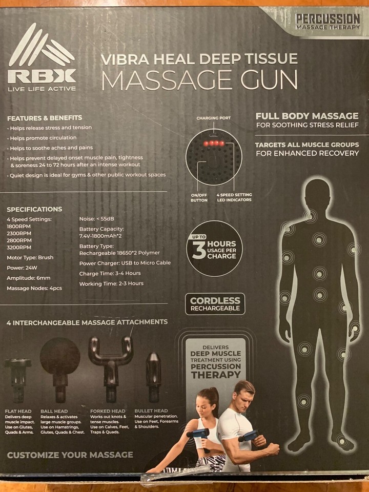 RBX 4 Speed Vibra Heal Deep Tissue Massage Gun. 4 Attachments.Cordless ...