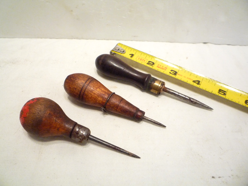 Qty 3 antique wooden handle brass Leather Working Awl, Cobbler, Sewing ...
