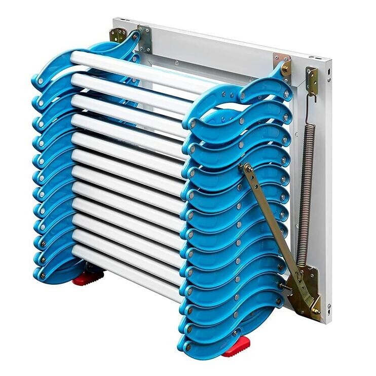 Wall-Mounted Folding Ladder 14Steps Retractable Attic Ladder w/Armrests ...