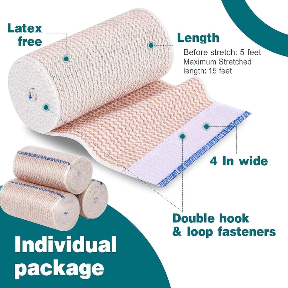 6 Pack 4" Wide Cotton Elastic Compression Bandage Body Wrap Hook/Loop ...
