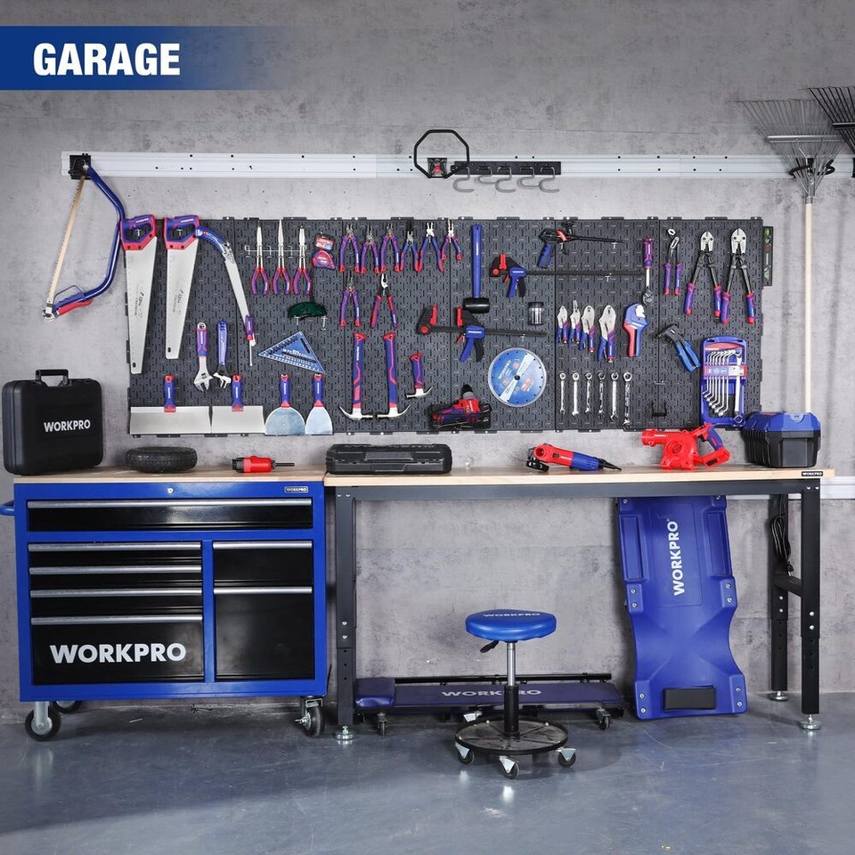 WORKPRO Adjustable Garage Workbench, 60x24 Rubber Wood Top Heavy-Duty ...