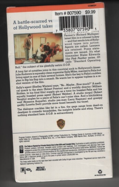 New Sealed S.O.B. SOB (VHS, 1984) Rare No Barcode CBS FOX Watermarks | eBay