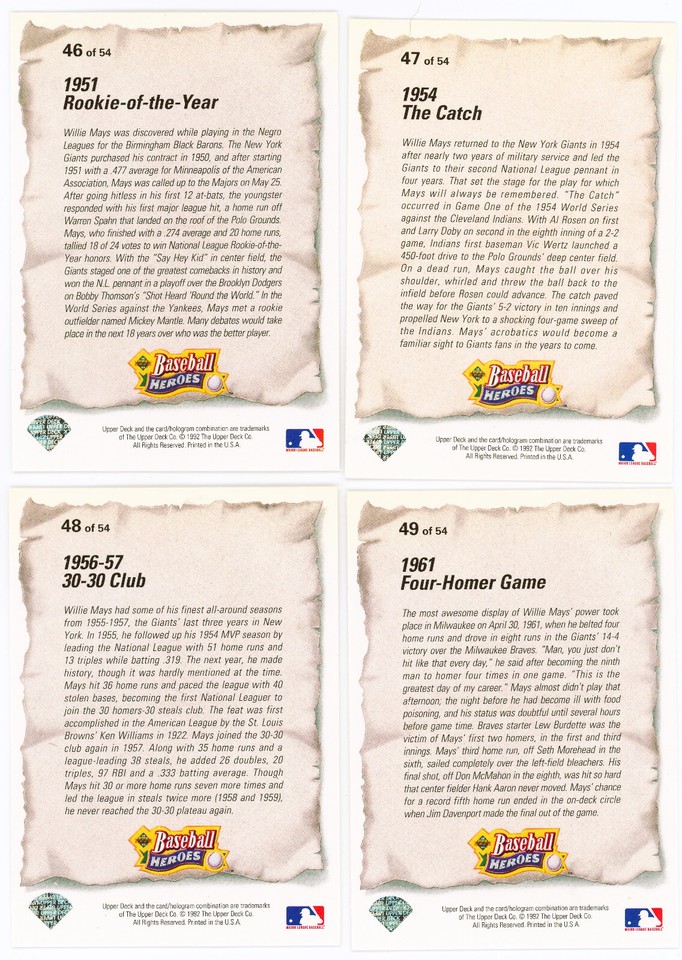 1993 Upper Deck "The Say Hey Kid" Willie Mays Baseball Heroes (9 card ...