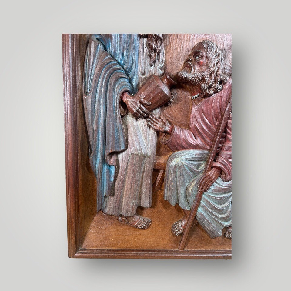 Bas Relief Wood Resin Wood Carving Religious Scene - Signed 27.75 x 17. ...