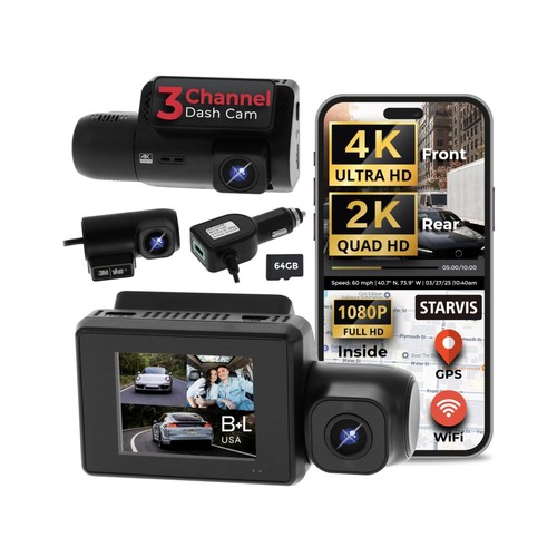 B+L USA Premium 3 Channel Dash Cam with Sony STARVIS IMX Sensors 4K ...