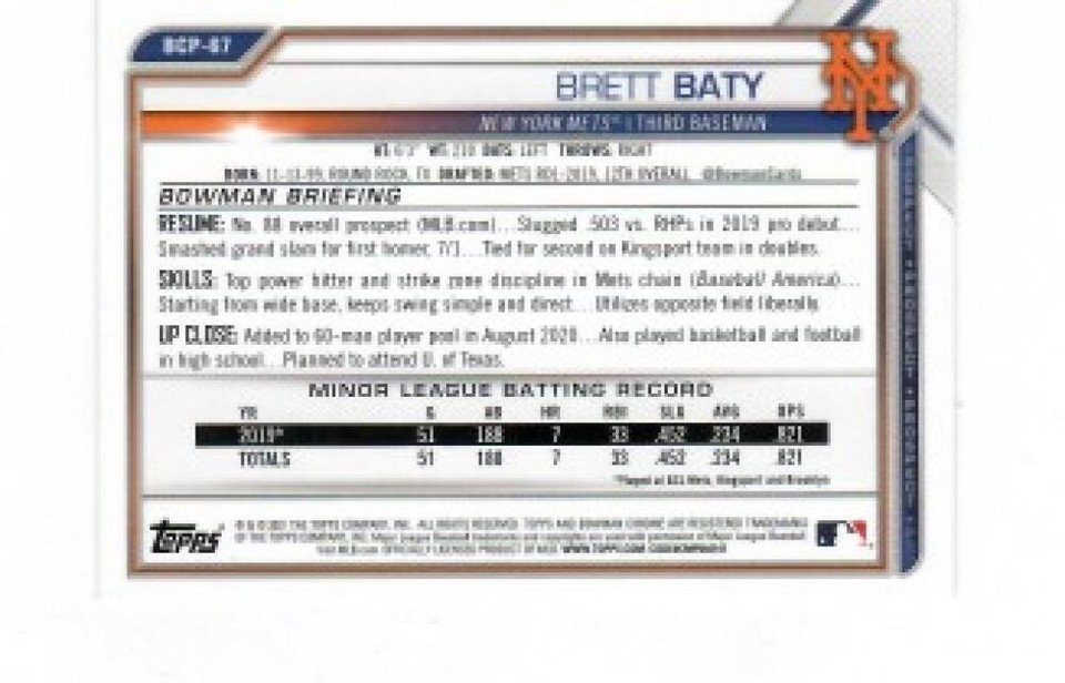 2021 Bowman Chrome Prospects #BCP-67 Brett Baty New York ID:60339 | eBay