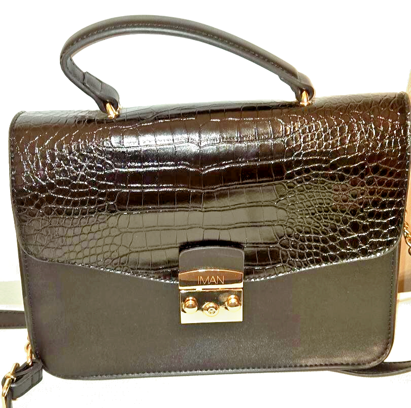IMAN Black Faux Leather Crossbody Bag – Floral & Croc Interchangeable ...