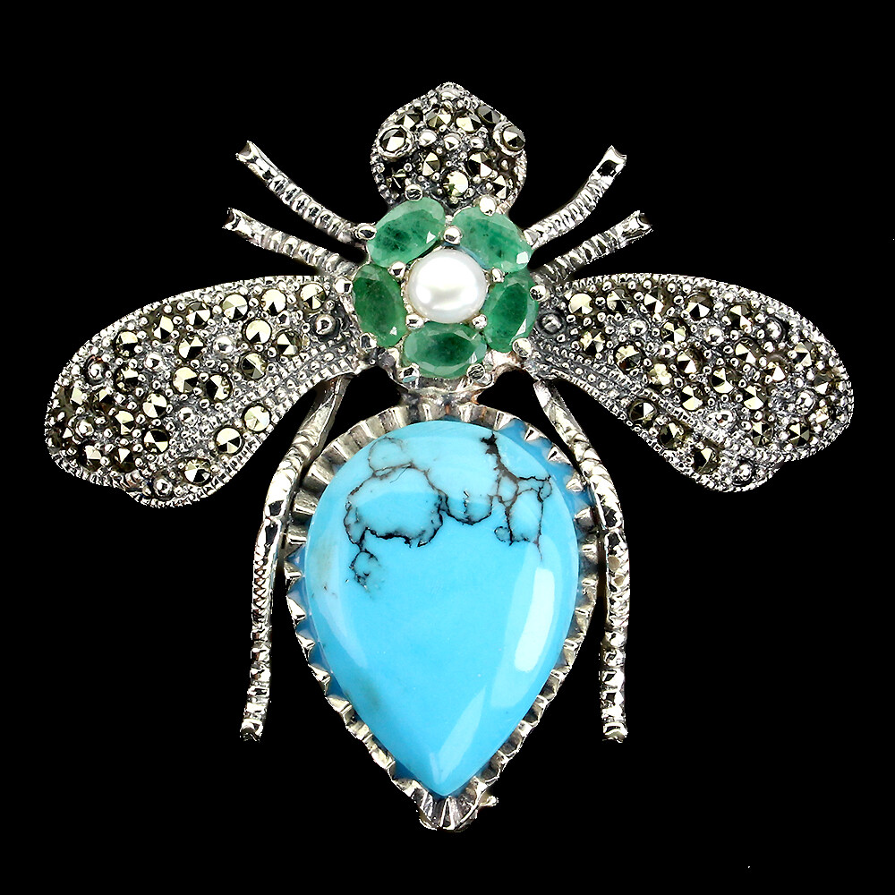 925 Sterling Silver Brooch Pear Turquoise Emerald Pearl Gemstone ...