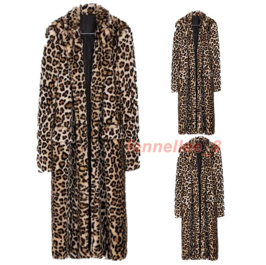Womens Trench Coat Over Knee Long Overcoat Jacket Faux Fur Leopard