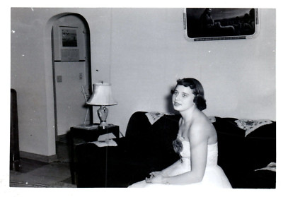 1960s Girl Sitting Slouching in Prom Dress Pretty Corsage Vintage Photo ...
