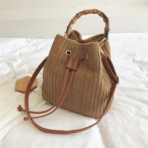 Straw Women Drawstring Straw Bucket Bag Ladies Shopping Purse Beach ...