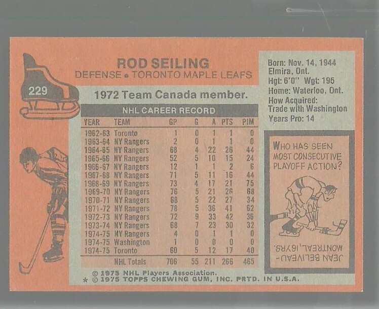 1975 TOPPS HOCKEY #229 ROD SEILING NM TORONTO MAPLE LEAFS NICE VINTAGE ...