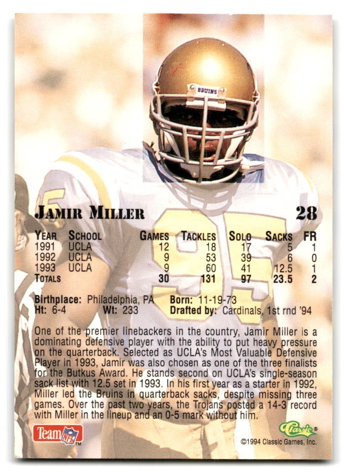 Jamir Miller 1994 Classic NFL Draft FOOTBALL #28 Arizona Cardinals | eBay