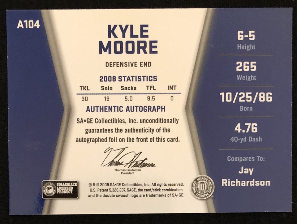 2009 Sage Hit Football Kyle Moore USC Autograph Card #A104 | eBay