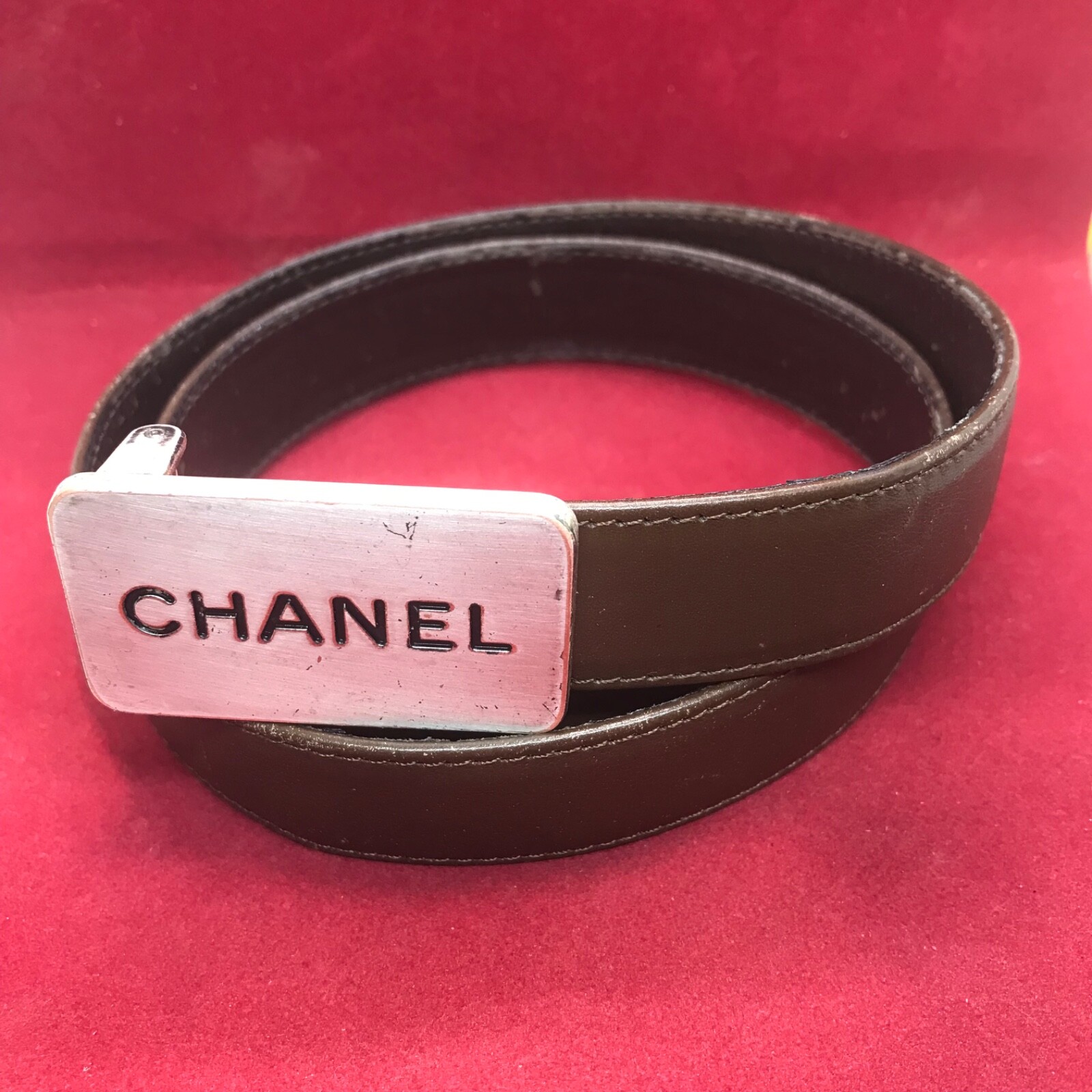 Rare authentic Chanel Logo Buckle Leather Belt Brown … - Gem