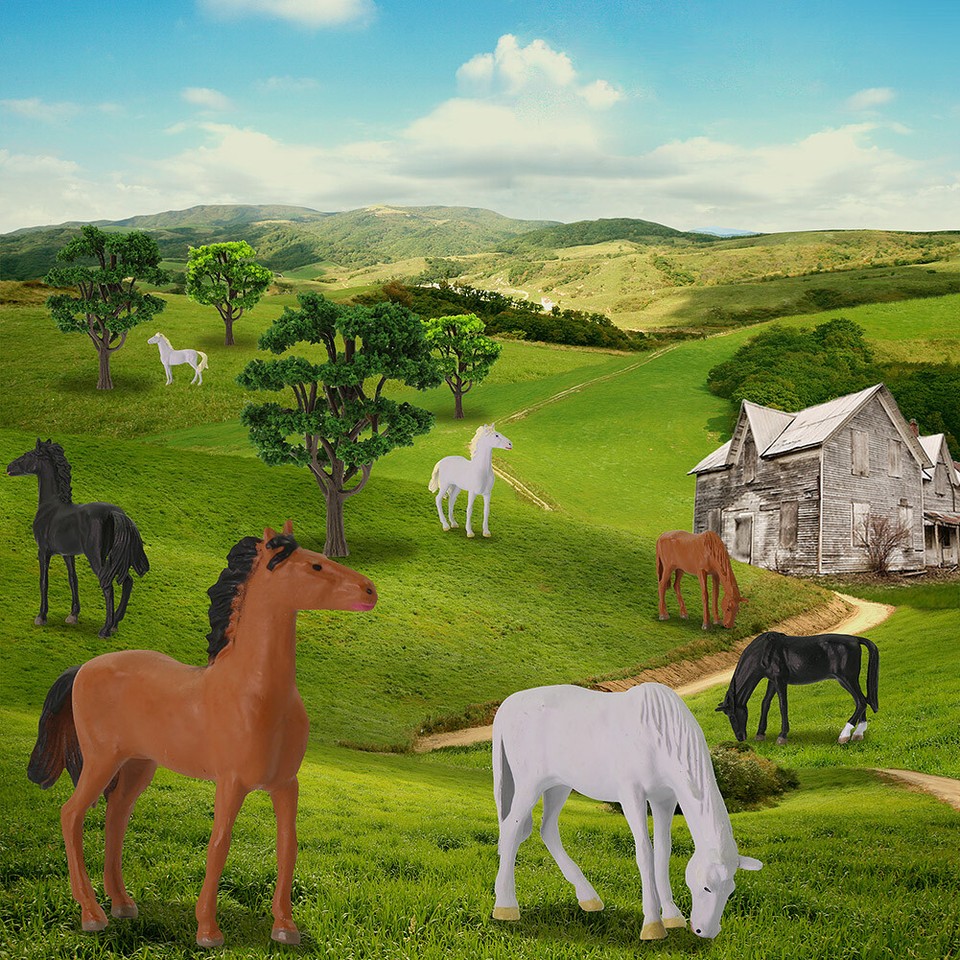 Evemodel 15pcs Model Trains O Scale Painted Horses Cows 1:43 PVC ...