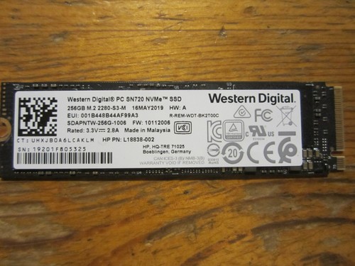 WD SN720 NVMe M.2 2280 256GB SSD SDAPNTW-256G-1006 L35677-302 L44668 ...