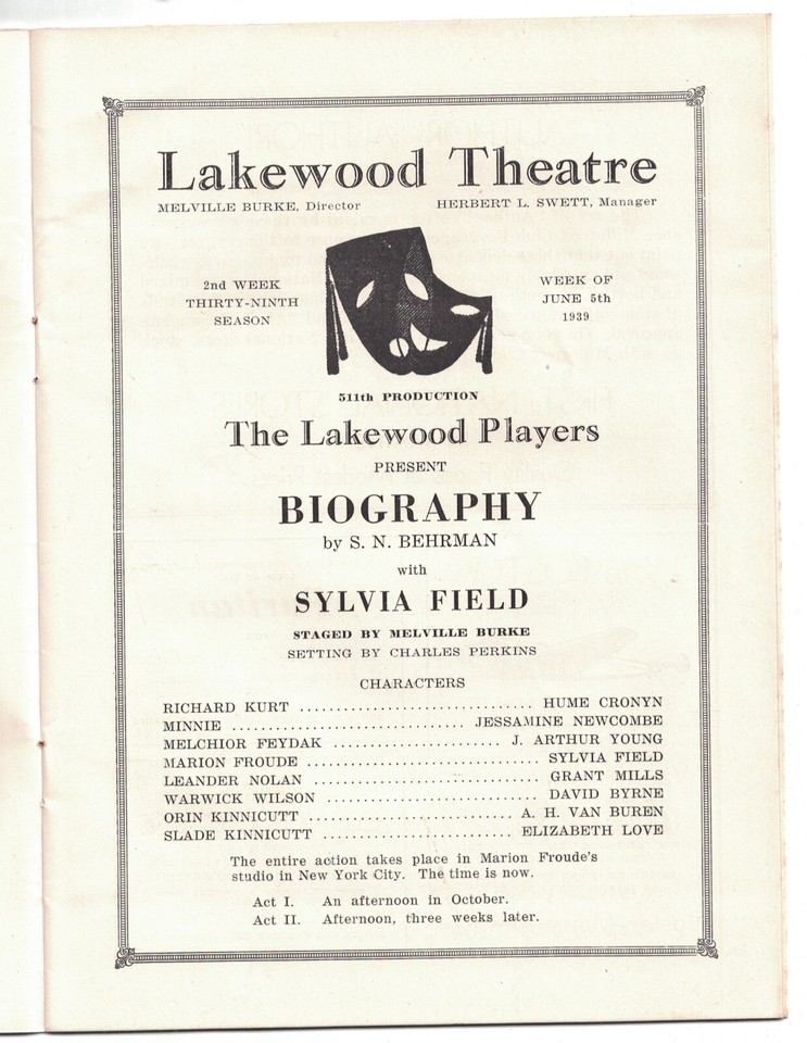 Biography Program Lakewood Theatre Maine June 5, 1939 Hume Croyn | eBay