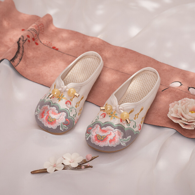 Vintage Women Slipper Hanfu Shoes Embroidered Floral Beads Indoor ...