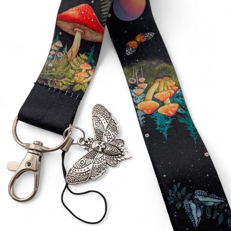 MUSHROOMS & MOTHS LANYARD forest fairy core gothic witch key ring neck ...