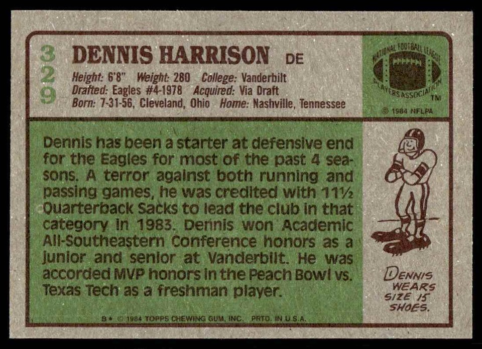 1984 Topps Football Dennis Harrison Philadelphia Eagles #329 | eBay