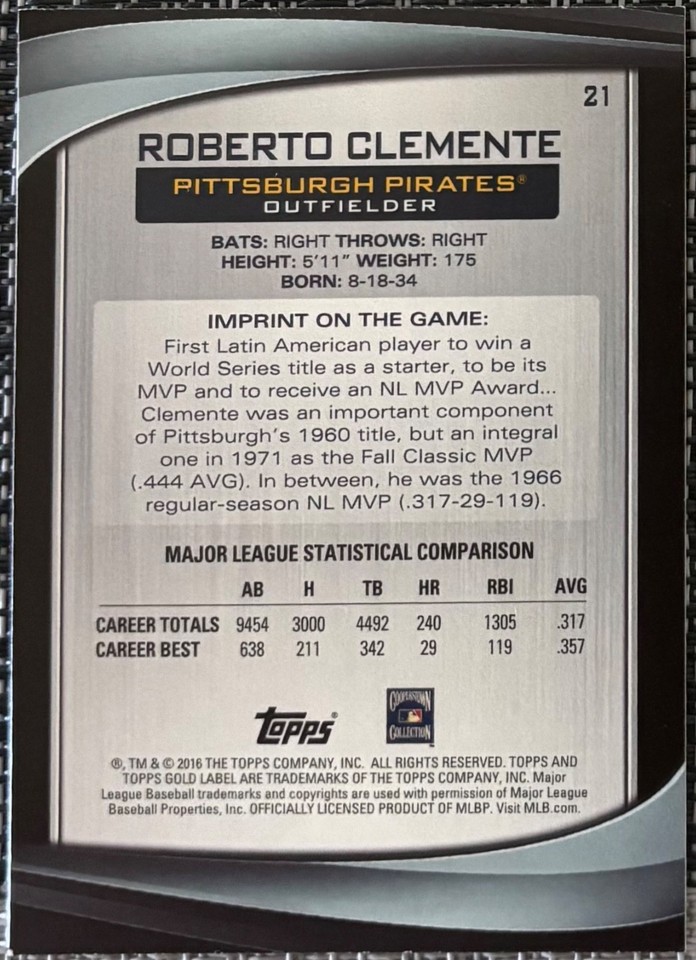 🔥 2016 Topps Gold Label #21 ROBERTO CLEMENTE / CLASS 3 🔥 (INV 29) | eBay
