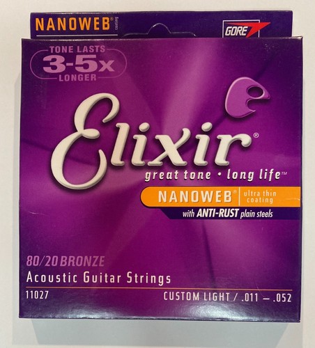 Elixir Nanoweb Acoustic Guitar Strings 80/20 Bronze, Custom Light (.011 ...