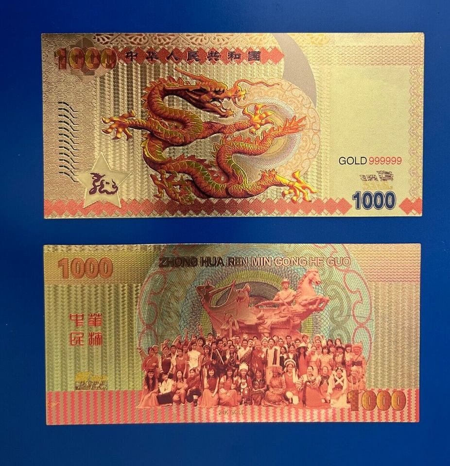 10pc Chinese Yellow Dragon Gold FOIL Banknotes Bonds 1000 YUAN RMB Non ...
