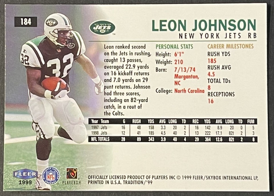 1999 Fleer Tradition Football Card #184 Leon Johnson | eBay