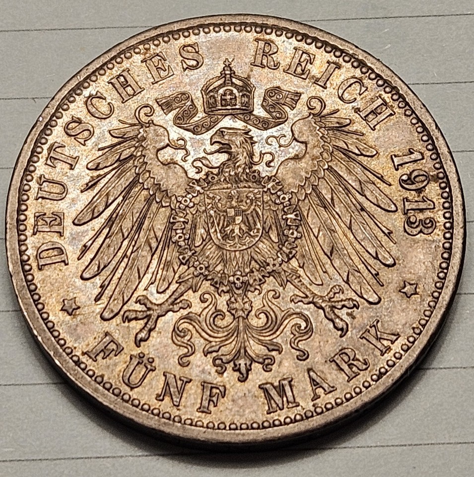1913 G Germany 5M 5 Mark Friedrich II Baden Mint State MS Uncirculated ...
