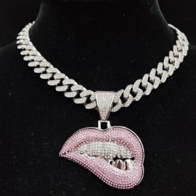 Lip Bite Bling Cuban Chain Necklace Baddie Hip Hop Streetwear Elegant ...