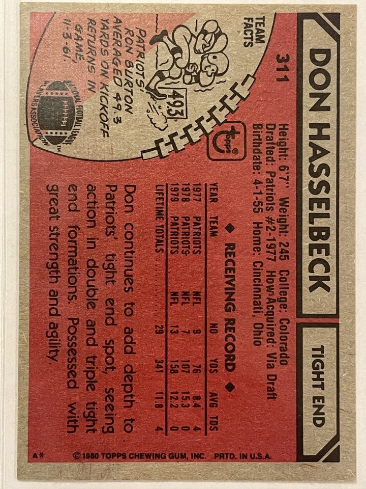 DON HASSELBECK Hand Signed 1980 Topps #311 Autograph Auto New England ...