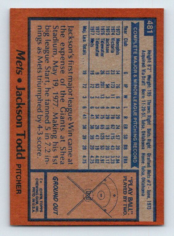 JACKSON TODD New York Mets 1978 Topps Baseball Card B183 | eBay