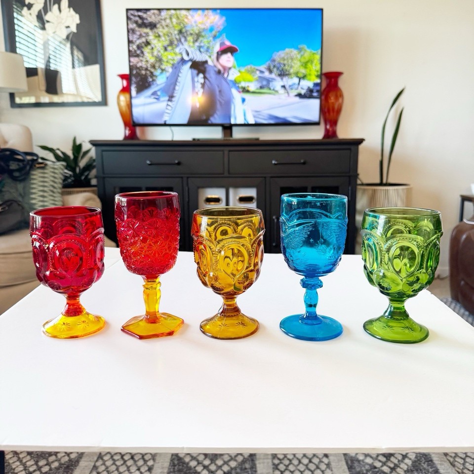 Vintage Rainbow Set of 5 Goblets LE Smith Moon And Stars Federal Glass Assorted | eBay