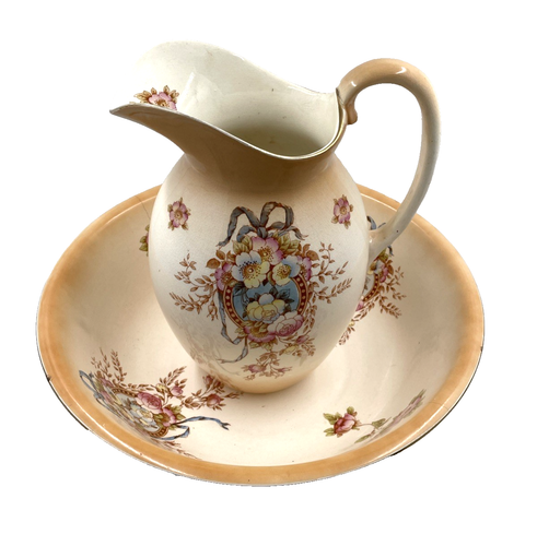 Antique Devon Ware Fielding Wash Jug & Bowl Large Kiln Fired Stent ...