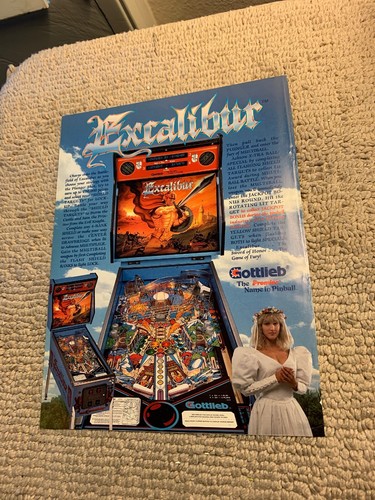 Original 1988 ad 11-8 1/4” Excalibur Gottlieb Pinball ARCADE GAME FLYER ...