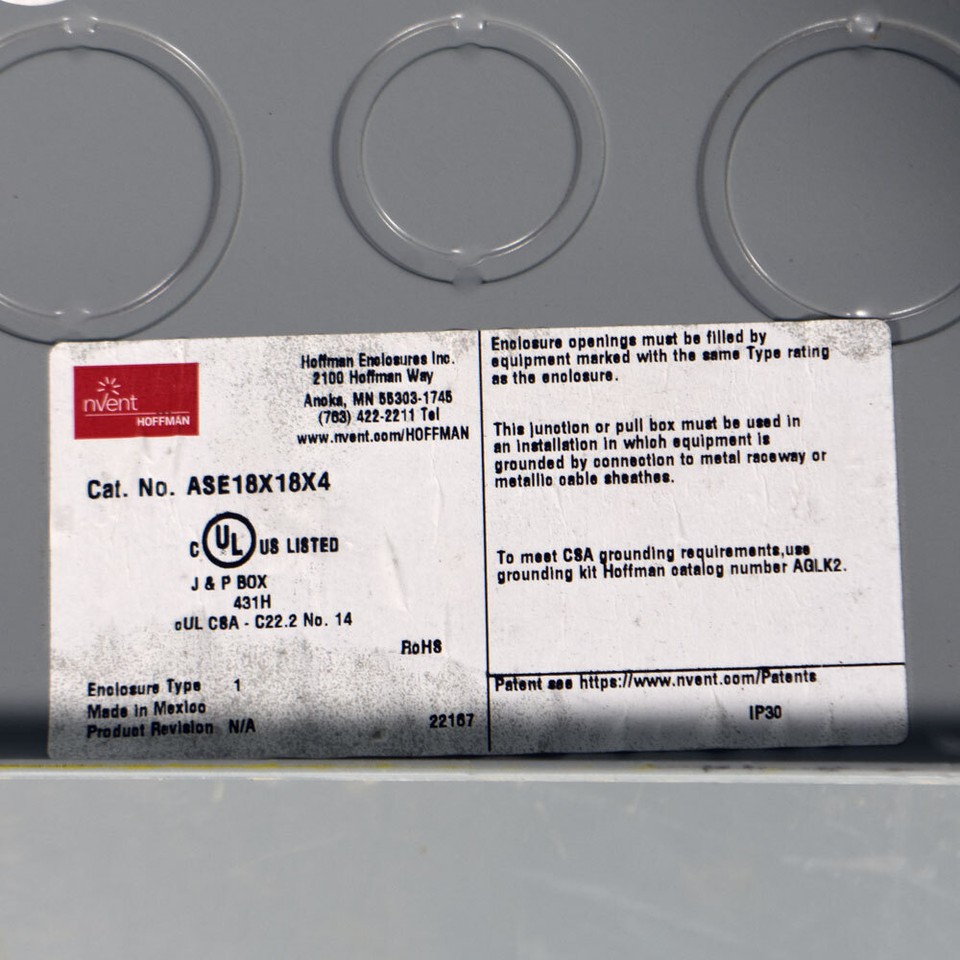 NEW nVent Hoffman ASE18x18x4 Steel 18" x 18" x 4" Screw-Cover Pull Box ...