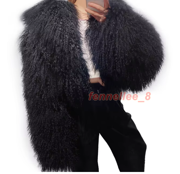 Women 100% Real Mongolian Lamb Fur Coat Curly Long Fur Lapel Jacket ...