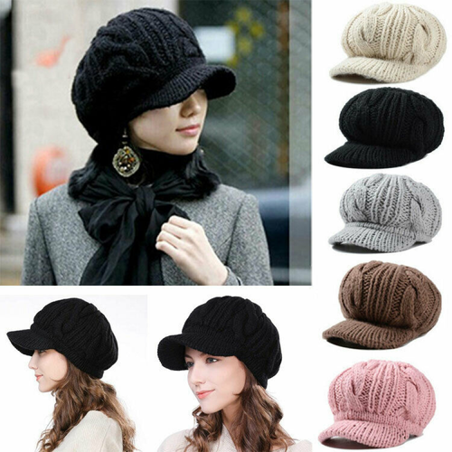 Women Wool Knit Visor Beanie Merino Hat Winter Newsboy Cap Baker Ski ...