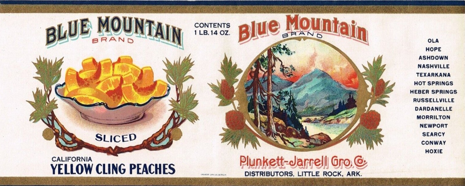 1925 BLUE MOUNTAIN Brand Peaches CAN LABEL CALVERT SMALL TOWN Label Art ...