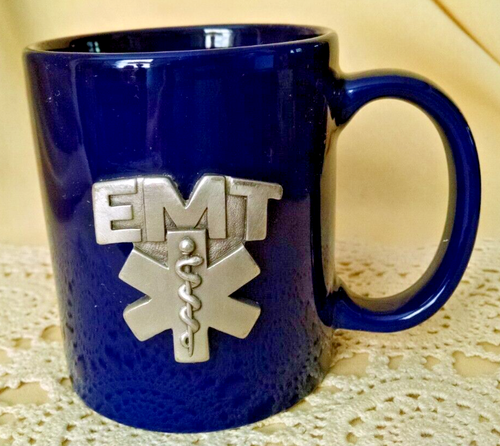 EMT MUG STAR OF LIFE COBALT BLUE PEWTER 3D MEDALLION PARAMEDIC 6 POINT ...
