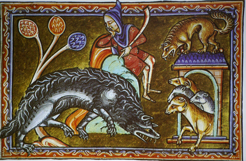 Postcard Aberdeen Bestiary Wolf Approaches Sheep While Shepherd Sleeps ...