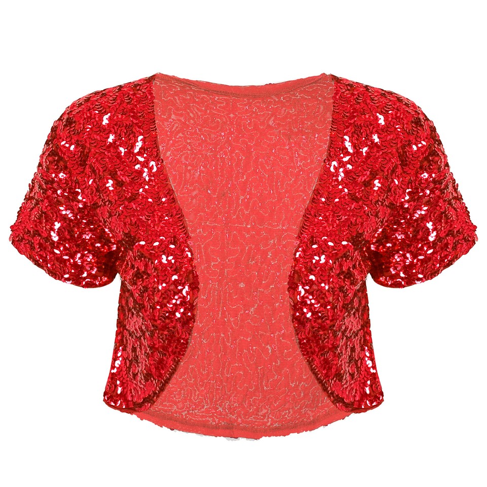 Women Short Sleeve Cropped Coats Shiny Sequin Bolero Shrug Cardigan ...