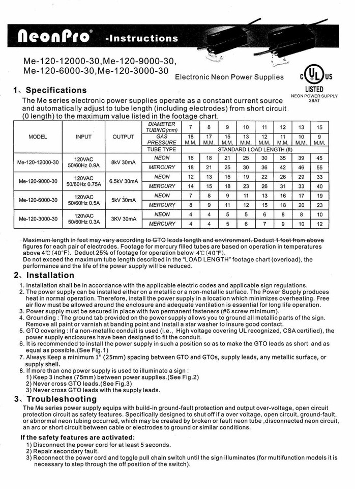 * UL Listed 12,000 volts / 12kV (8kV RMS) NEON SIGN TRANSFORMER POWER ...
