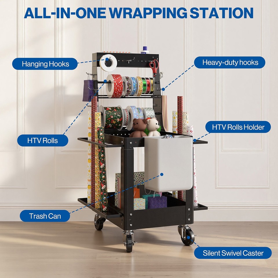 Wrapping Paper Storage Cart - Rolling Gift Wrap Station with Organizer ...