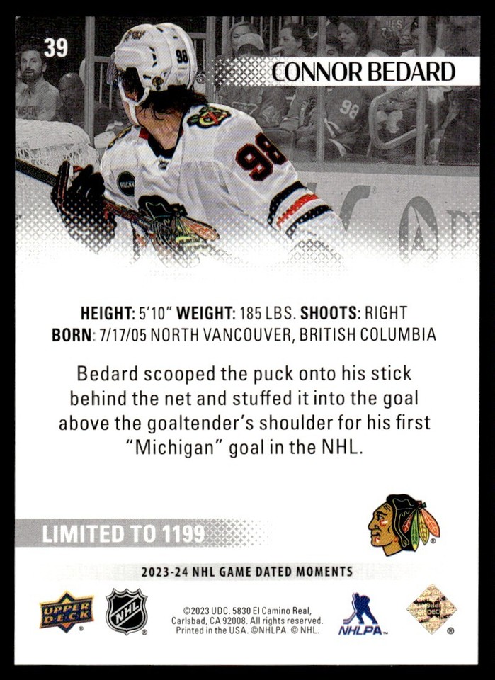 Connor Bedard Rookie MICHIGAN 2023-24 Upper Deck Game Dated Moments #39 ...