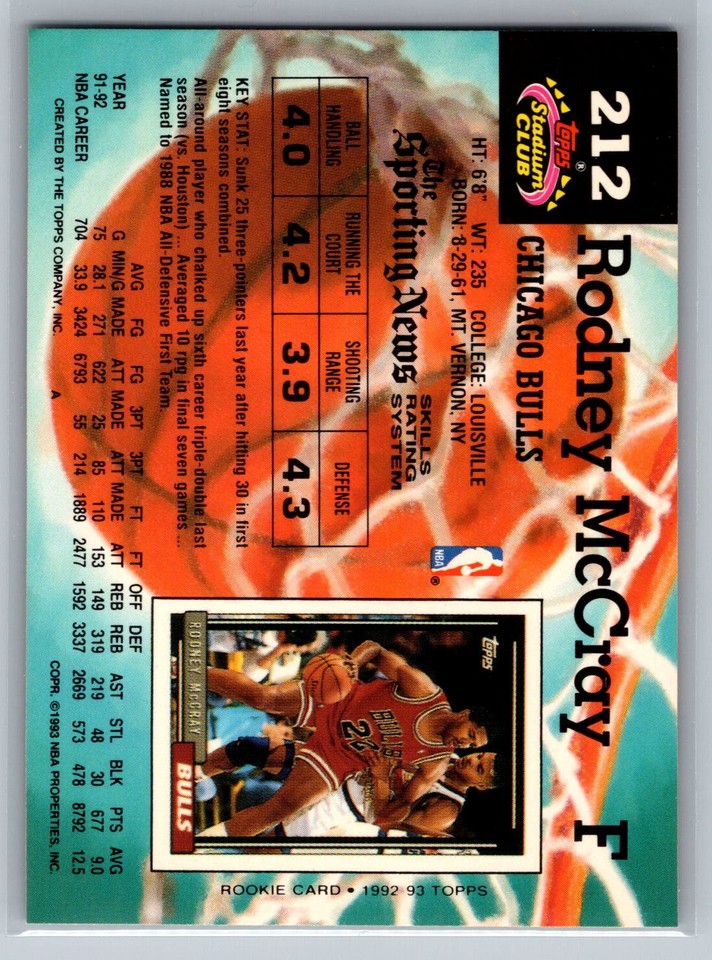 Rodney McCray 1992-93 Stadium Club BASKETBALL #212 Chicago Bulls | eBay